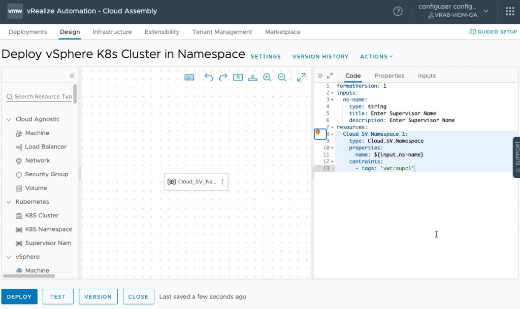 Using vRA to deploy vSphere with Tanzu namespaces & clusters
