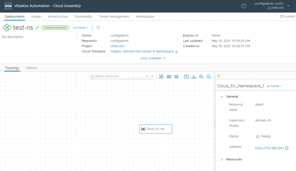 Using vRA to deploy vSphere with Tanzu namespaces & clusters