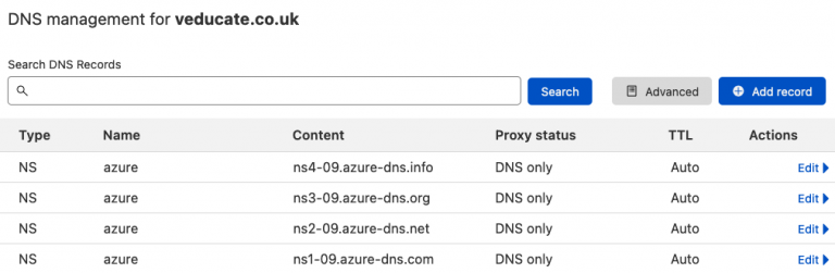 Configuring DNS Delegation from CloudFlare to Azure DNS